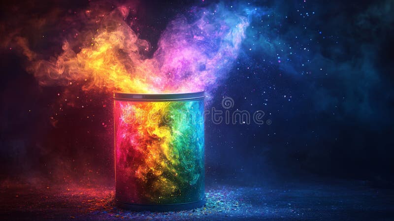 Rainbow Colored Smoke Filling a Metal Can on Dark Background Stock ...