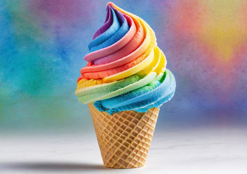 Rainbow Colored Soft Serve Ice Cream Cone Isolated on Rainbow Backdrop ...