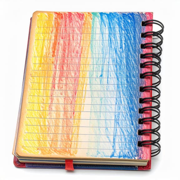 Rainbow Colored Spiral Notebook with Crayon Drawings Stock Illustration ...