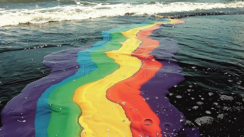 A Rainbow-colored Stream Flows Onto a Beach, Merging with Ocean Waves ...