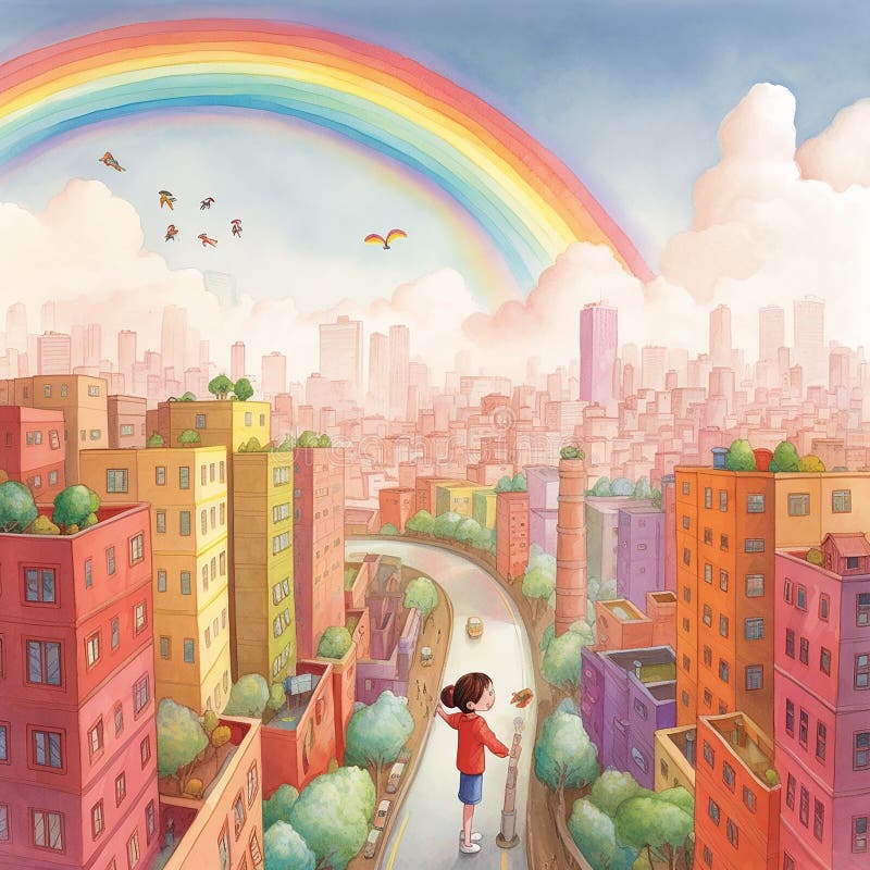 Illustrated Rainbow Colored Town. Created Using Ai Generative. Stock ...