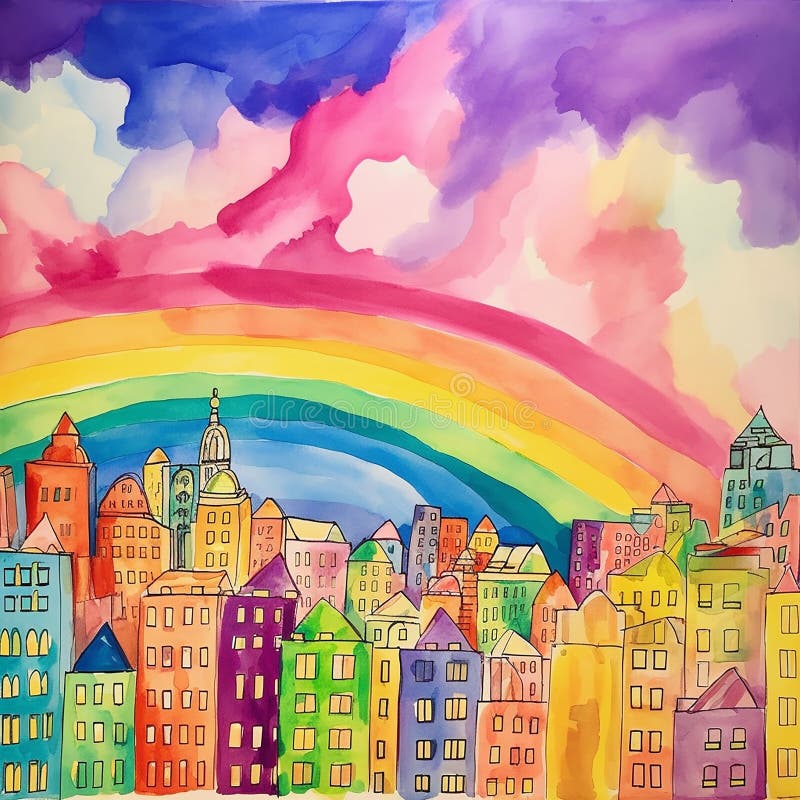 Illustrated Rainbow Colored Town. Created Using Ai Generative. Stock ...