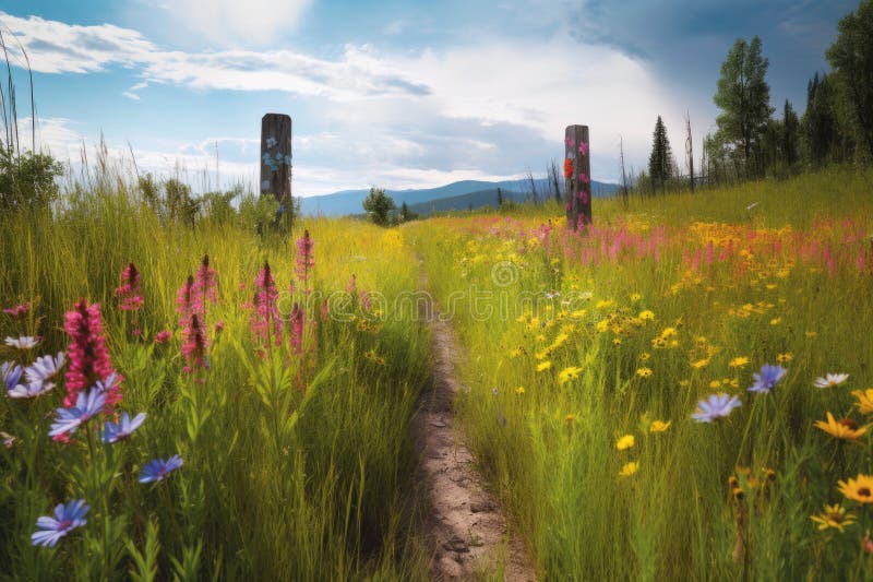 Rainbow-colored Trail Markers, Leading through a Meadow Covered in ...