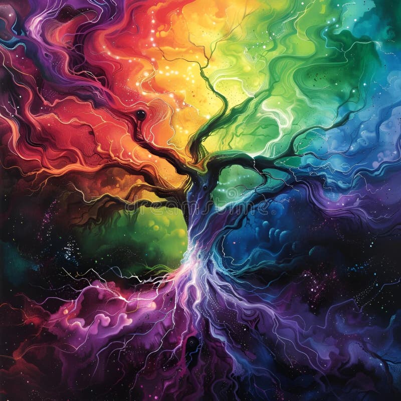 A Rainbow Colored Tree with Clouds and Stars in the Sky Stock ...
