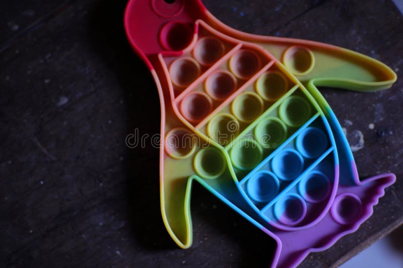 Rainbow Colored Turtle Shaped Push Pop Fidget Toy on a Dark Wooden ...