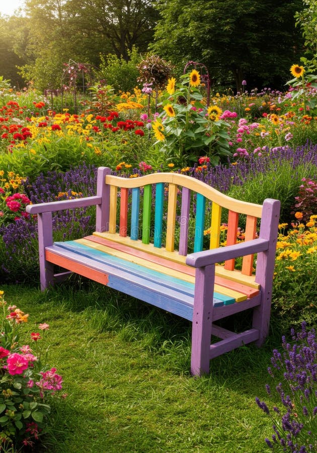 Rainbow Colored Wooden Bench in Vibrant Flower Garden Stock ...
