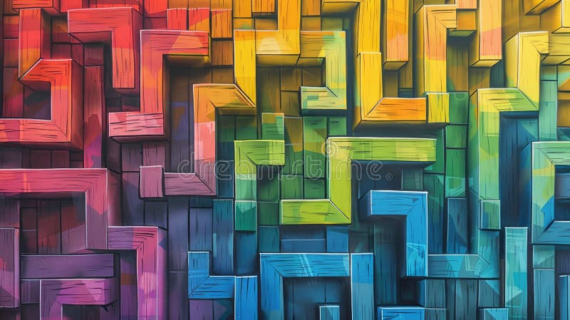 Rainbow-colored Wooden Labyrinth Abstract Illustration with Intricate ...