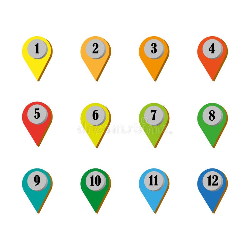 Rainbow Colors Map Point Markers Set with Number. Vector Illustration ...