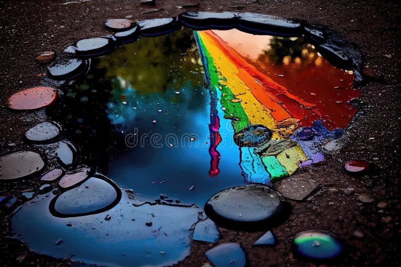A Rainbow of Colors Reflected in a Puddle after a Rainstorm. Stock ...