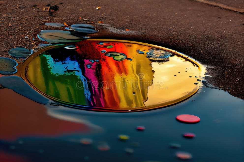 A Rainbow of Colors Reflected in a Puddle after a Rainstorm. Stock ...