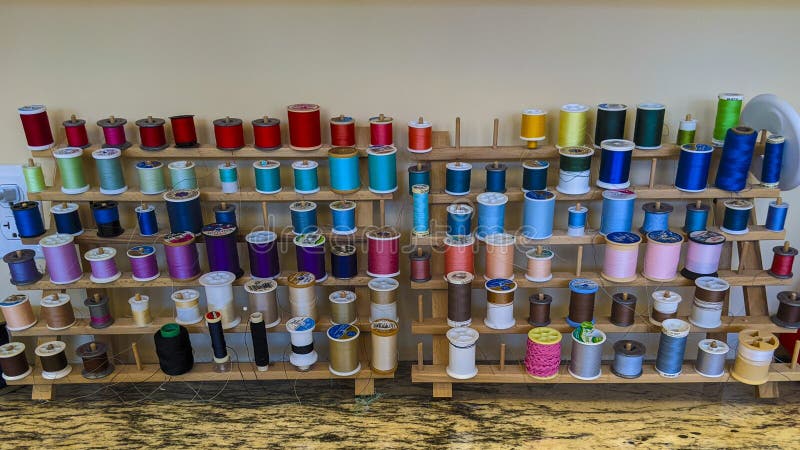 Multicolored Threads Spools on Thread Holders on Shelt Editorial Image ...