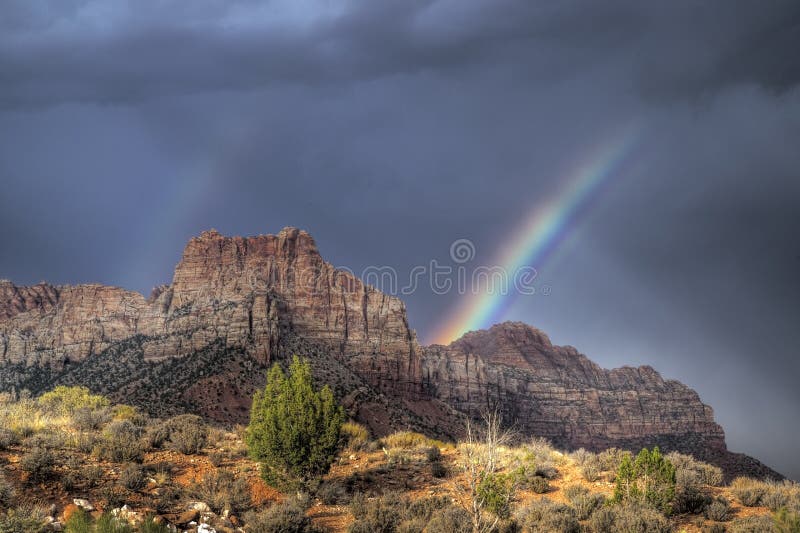 Rainbow in Zion Canyon with Red Rocks and Gorgeous Views Stock Image ...