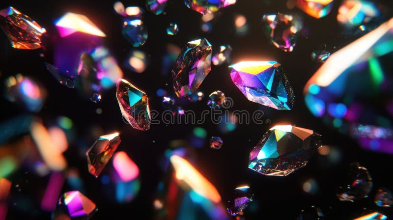 Rainbow Crystals Falling on Black Background Stock Illustration ...