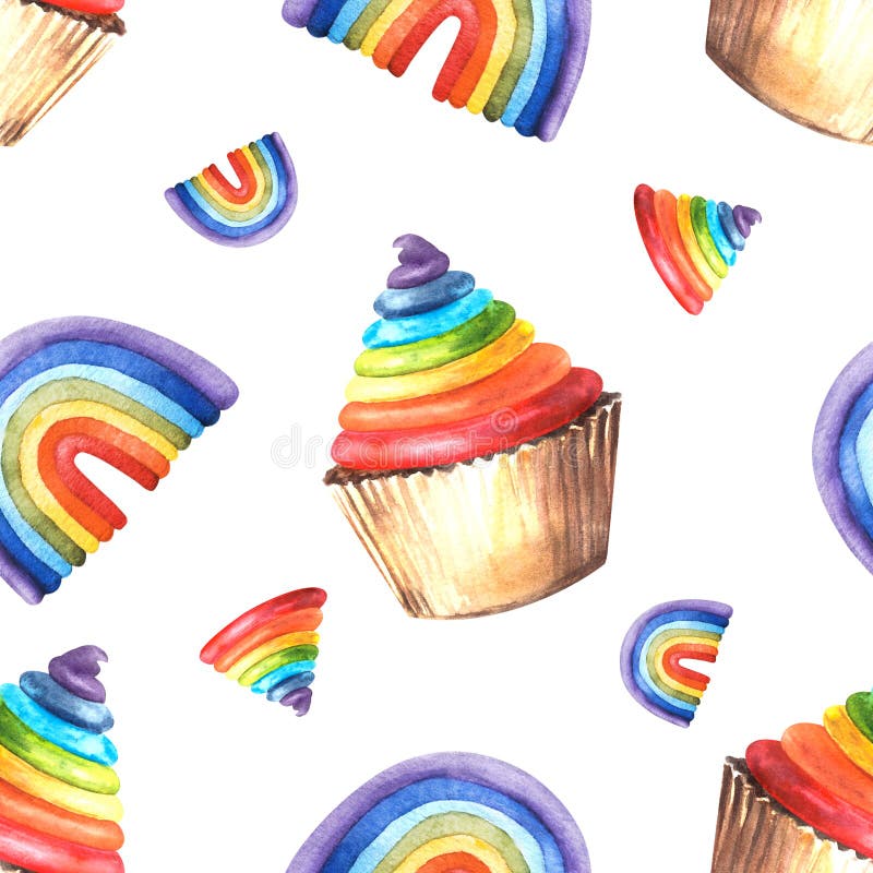 Rainbow Cupcakes with Multicoloured Cream Seamless Pattern Watercolor ...