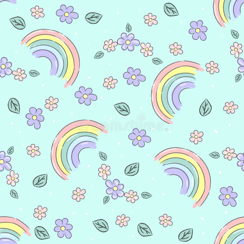 Rainbow Cute Seamless Pattern on Blue Sky Background. Hand Drawn Pastel ...