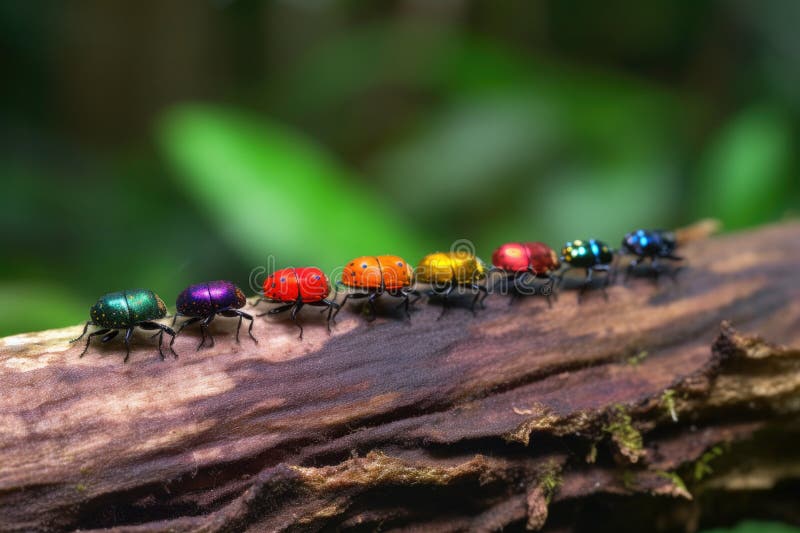Rainbow of Different Colorful Beetles on a Log Stock Image - Image of ...