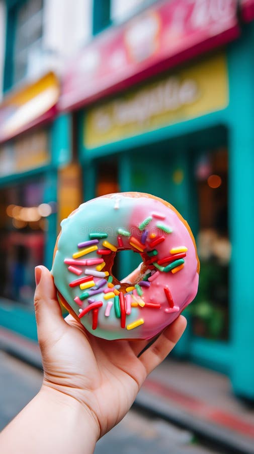 Rainbow Donut Held in Hand with Street View, Life Style Authentic ...