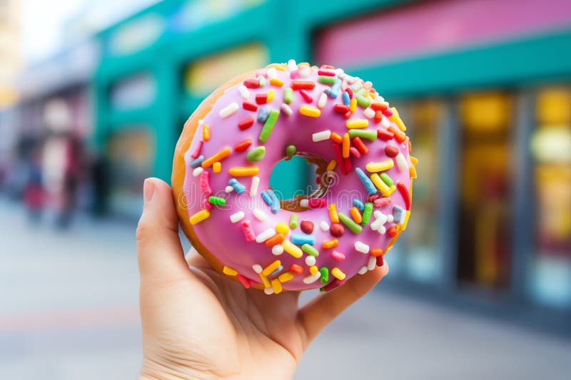 Rainbow Donut Held in Hand with Street View, Life Style Authentic ...