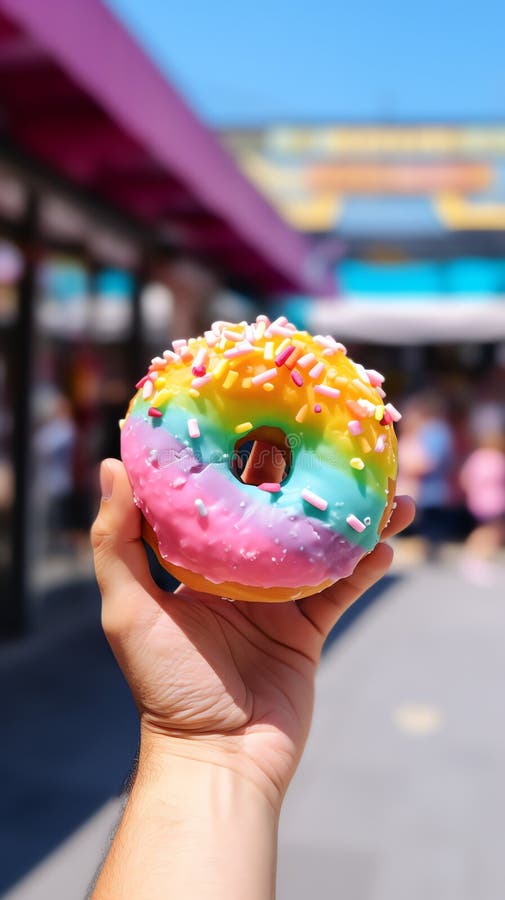 Rainbow Donut Held in Hand with Street View, Life Style Authentic ...