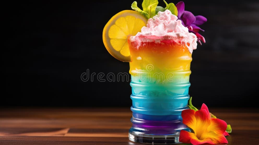 A Rainbow Drink with Whipped Cream and Lemon Slices Stock Illustration ...