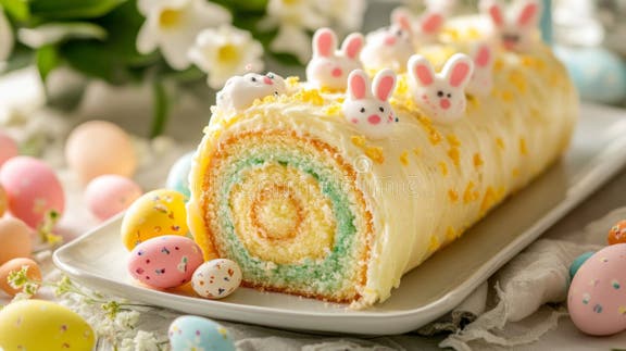 Rainbow Easter Cake Roll Decorated with Bunnies Stock Illustration - Illustration of eggs, cake ...