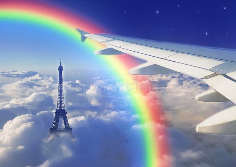 Eiffel Tower and Rainbow Under the Wing of a Flying Plane Stock Image ...
