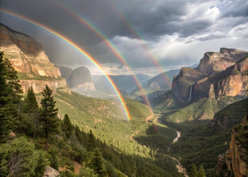 A Rainbow Emerging from the Clouds Above a Misty Mountain Valley Stock ...
