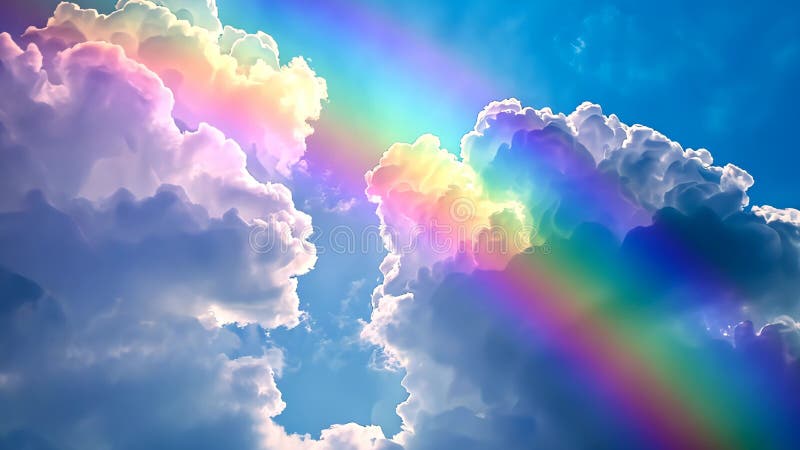Rainbow Emerging from Fluffy Clouds Under Bright Blue Sky, Ethereal ...