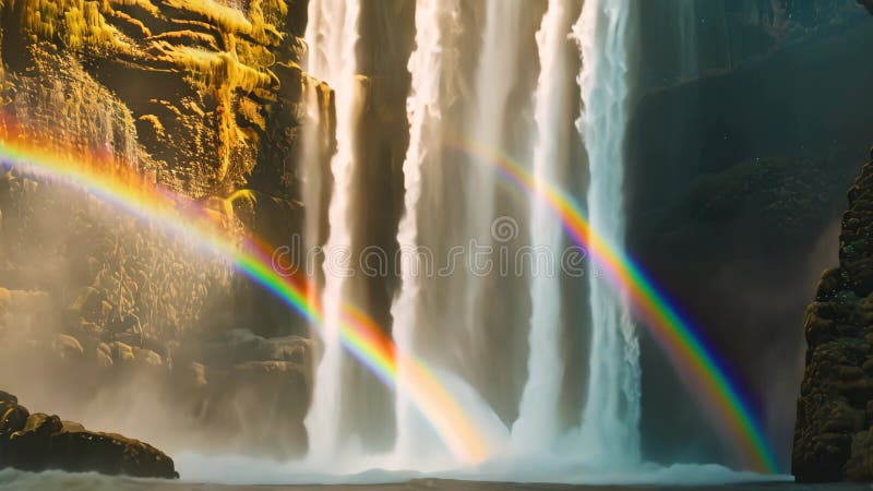 A Rainbow Emerging within the Mist of a Powerful Cascading Waterfall, a ...