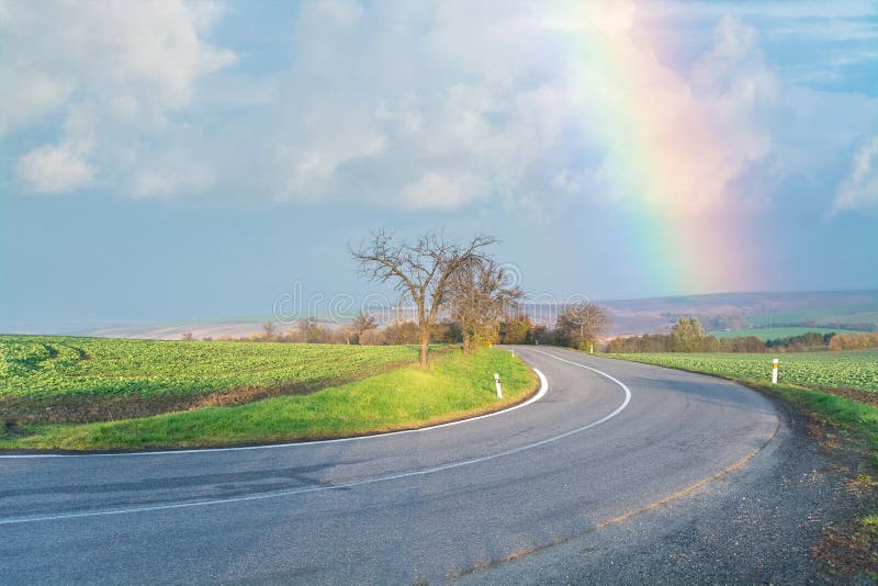 Rainbow. Empty Road in the Countryside. Dry Asphalt Stock Photo - Image ...