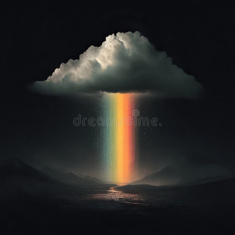 Rainbow Falling from Dark Cloud Illuminating River at Night Stock Photo ...