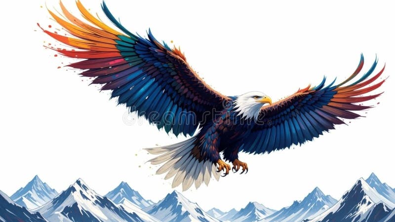 Rainbow-Feathered Eagle - Majestic Soar Over Snowy Peaks Stock ...