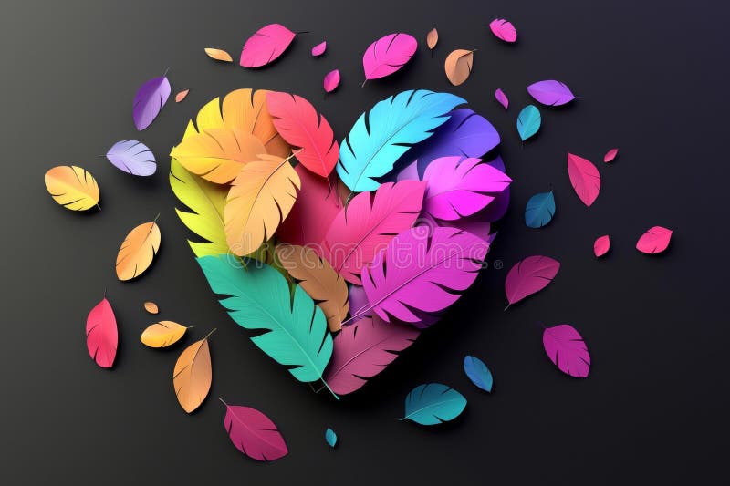 Rainbow Feathered Heart on Black Background Stock Photo - Image of ...