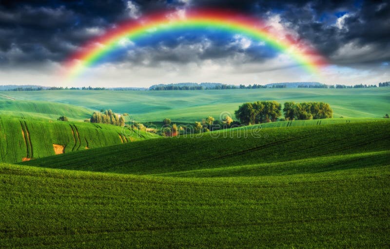 Rainbow field stock photo. Image of blue, landscape, green - 19540234