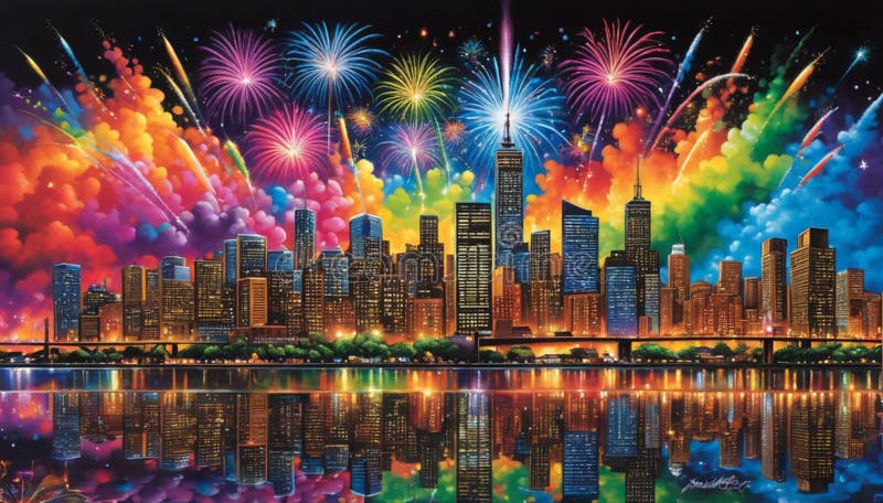 Rainbow Fireworks Over the City Stock Image - Image of celebration ...