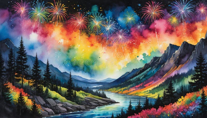 Rainbow Fireworks Over the Landscape Stock Image - Image of fireworks ...