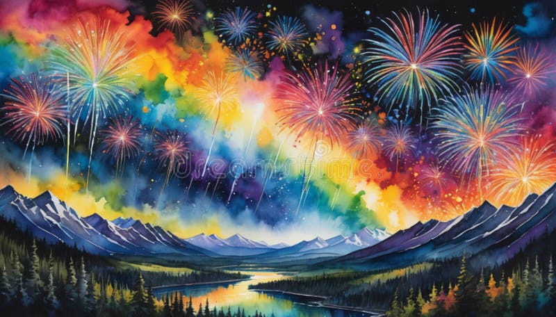 Rainbow Fireworks Over the Landscape Stock Image - Image of festival ...