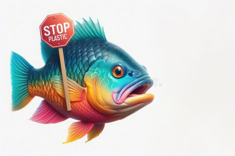 Rainbow Fish with a Stop Plastic Poster. Space for Text. Stock Image ...