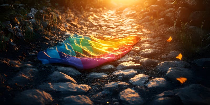 Rainbow Flag on a Cobblestone Path with Butterflies and Sunlight ...