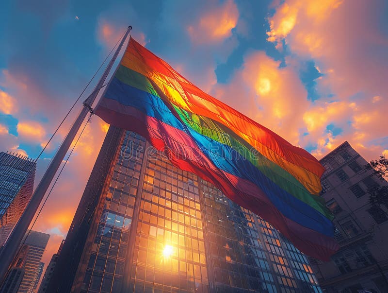 A Rainbow Flag Draped Over a Building Wide Shot Stock Image - Image of ...