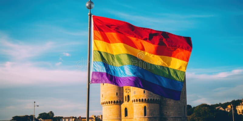A Rainbow Flag Flying in Front of a Castle Stock Illustration ...