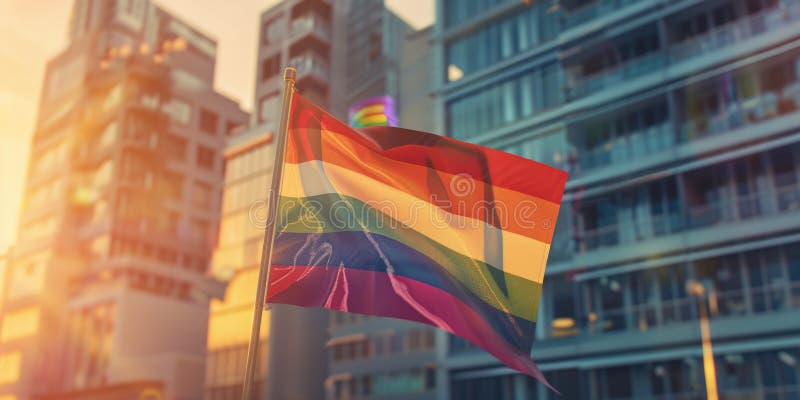 Rainbow Flag in Front of High-rise Building Stock Illustration ...