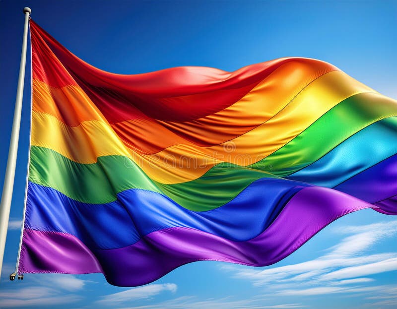 Rainbow Flag Waving Proudly in Blue Sky with White Clouds Stock ...