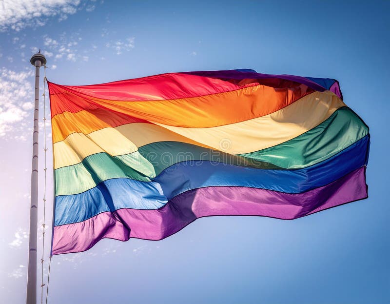 Rainbow Flag Waving Proudly in Blue Sky with White Clouds Stock ...