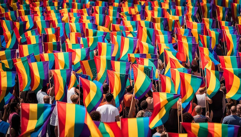 Rainbow Flags in a Crowd stock illustration. Illustration of people ...