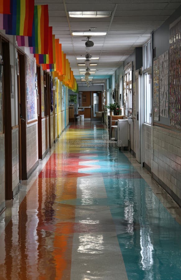 Rainbow Flags Hanging in a Shiny School Hallway Stock Photo - Image of ...