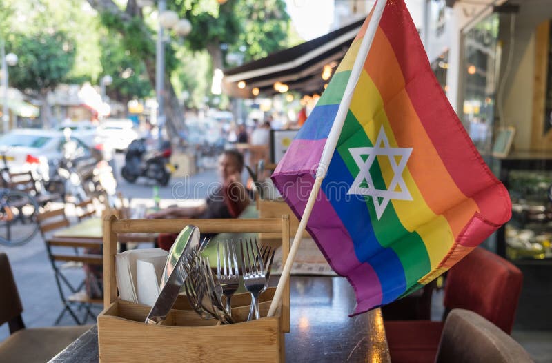 Rainbow Flags with the Jewish Star of David at Undefined Cafe Stock ...