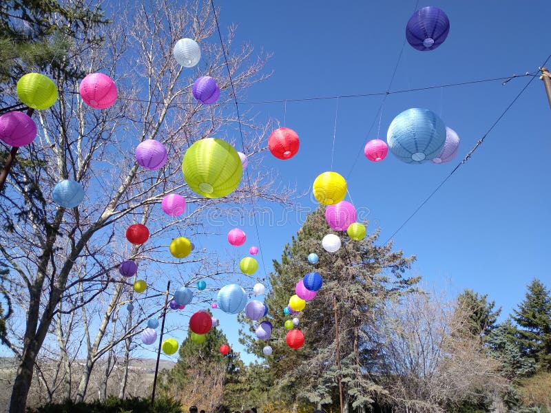 Rainbow Floating lanterns stock image. Image of spring - 222463307