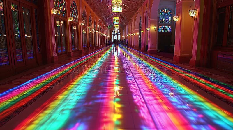 Rainbow Floor, Arched Hallway, Stained Glass, Vibrant Light, Interior ...