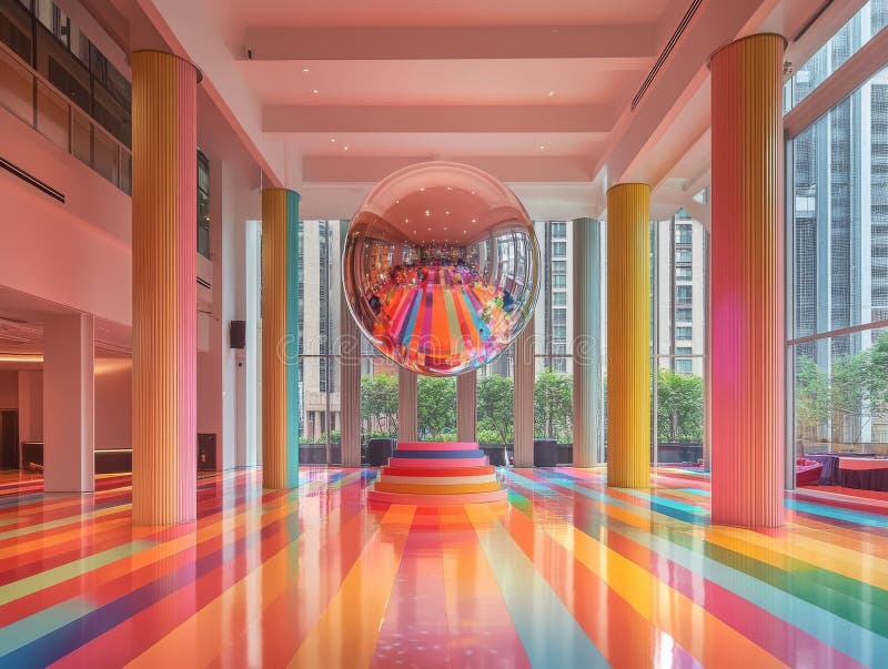 Rainbow Floor, Mirrored Sphere Installation, Modern Interior Design ...